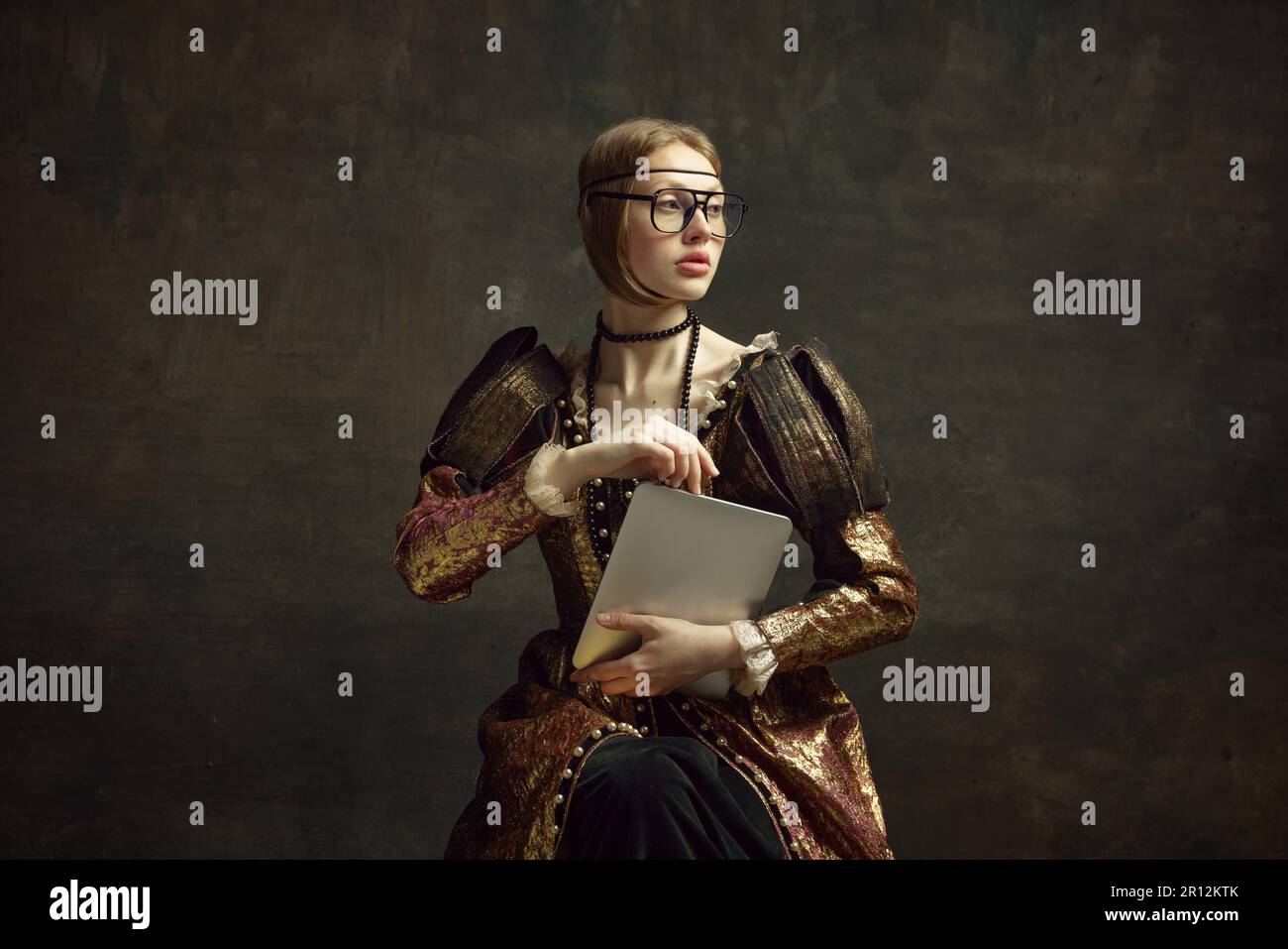 Portrait of young, pretty girl, royal person in vintage dress and ...