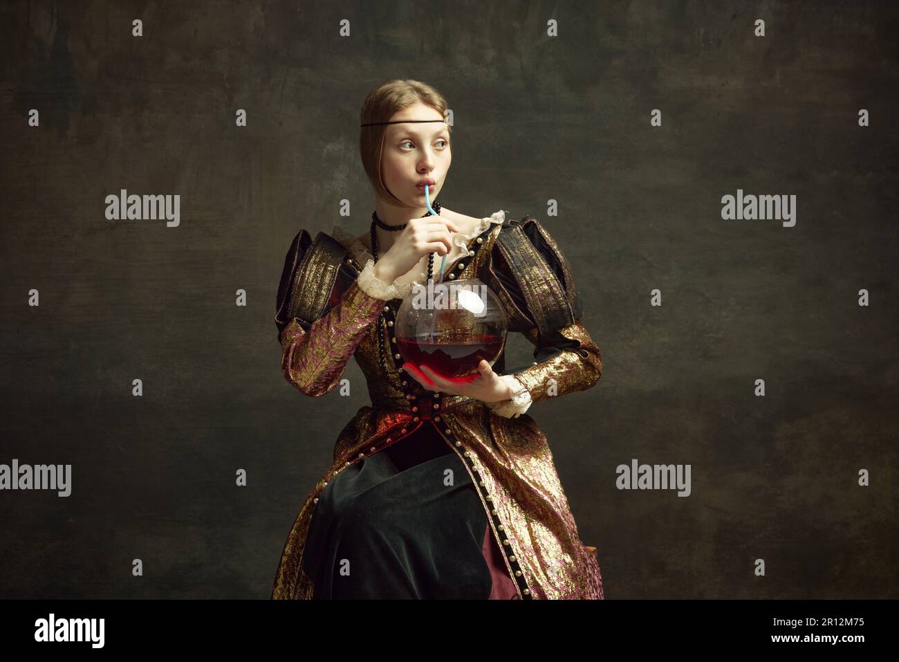 Portrait of beautiful young royal person, girl in vintage dress ...
