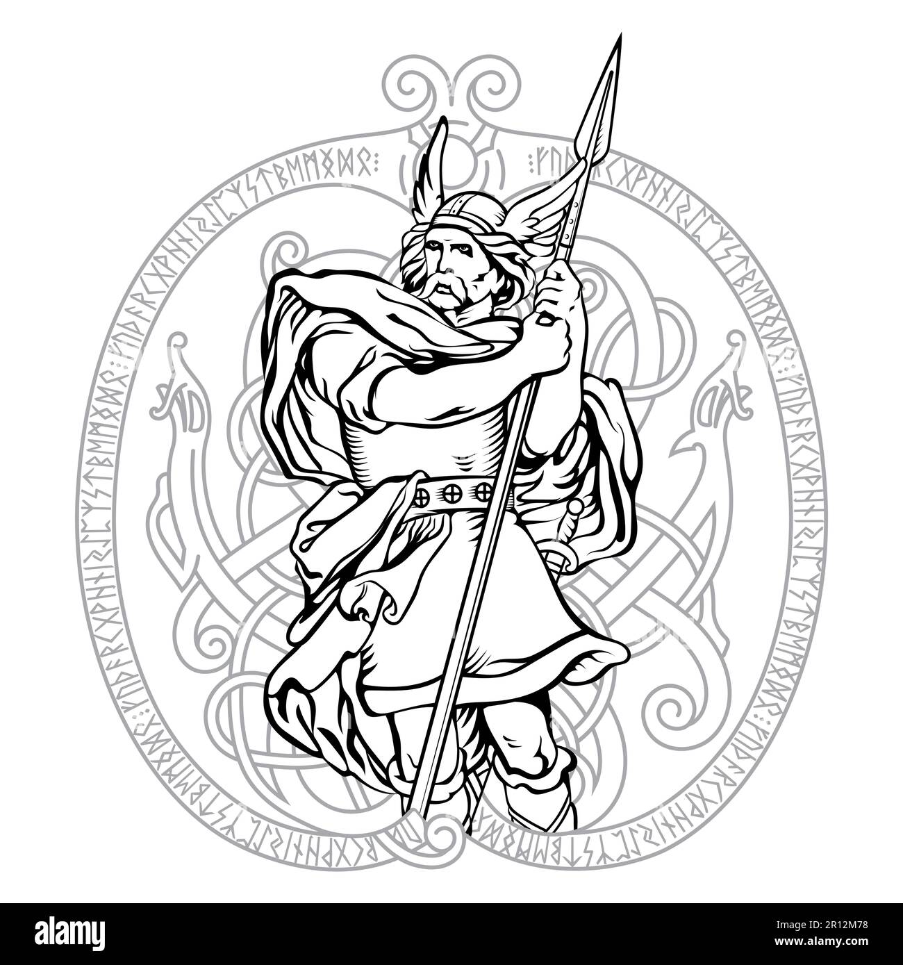 Old Scandinavian Design Viking Warrior In A Winged Helmet And With A