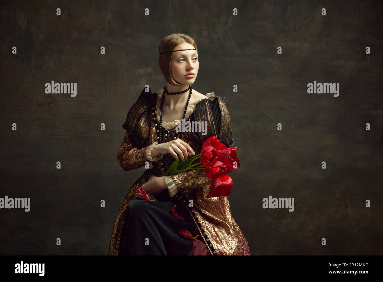Portrait of beautiful young girl, royal person, queen in elegant ...
