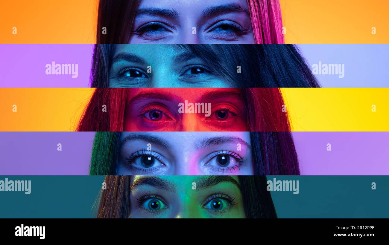 Collage made of narrow stripes with female eyes, different models ...