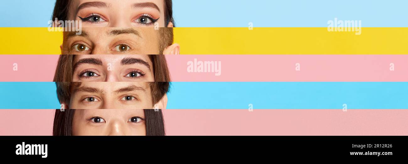 Collage. Narrow horizontal stripes of male and female eyes on ...