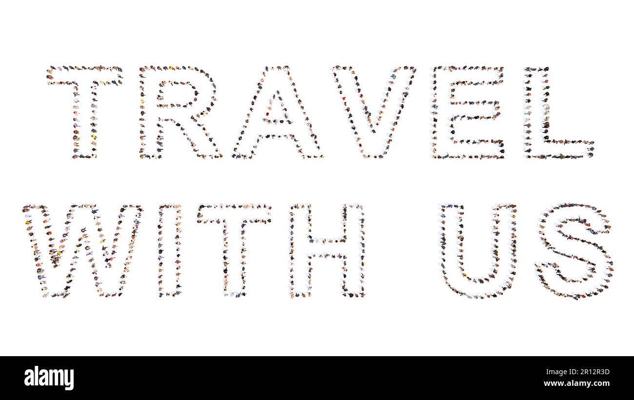 Concept conceptual large community of people forming TRAVEL word. 3d ...
