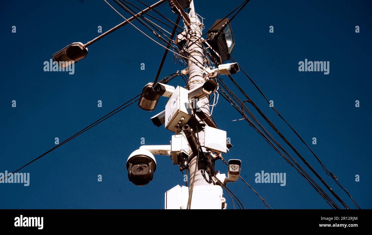 Security and alarm systems technology concept: Many CCTV cameras are ...