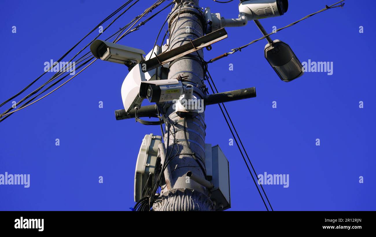 Security and alarm systems technology concept: Many CCTV cameras are ...