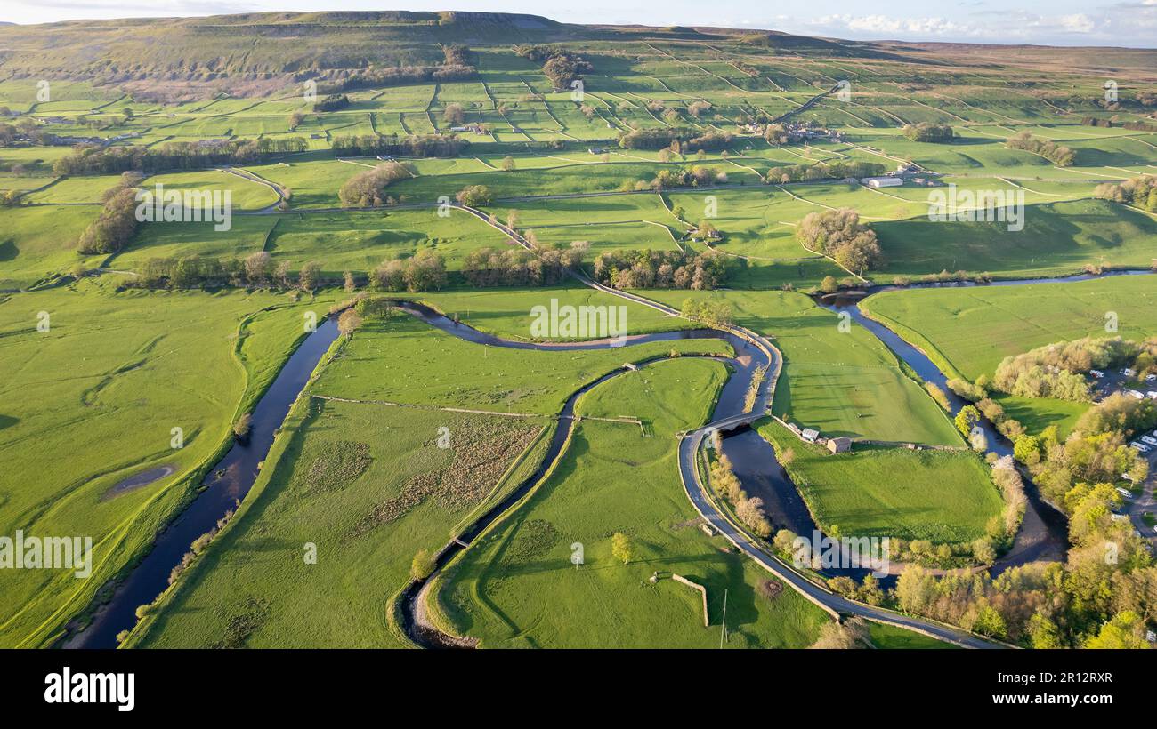 Natural meanders in the River Ure north of Hawes in the Yorkshire Dales ...