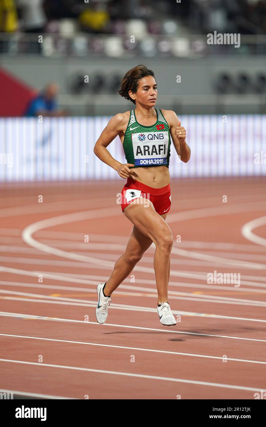 Rababe Arafi participating in the 3000 meter steeplechase at the Doha 2019 World Championships ...
