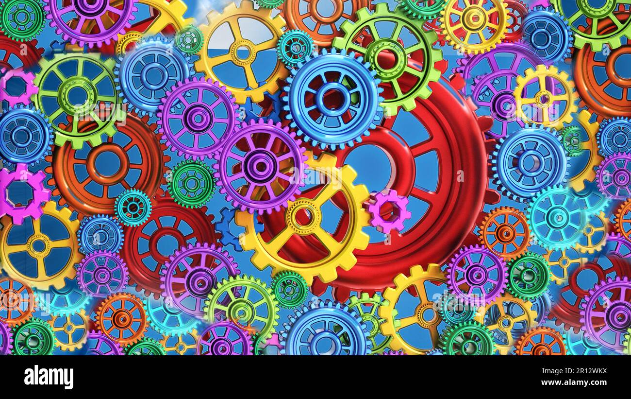 Multi colored gears in motion inside lightbulb. 3D illustration Stock ...