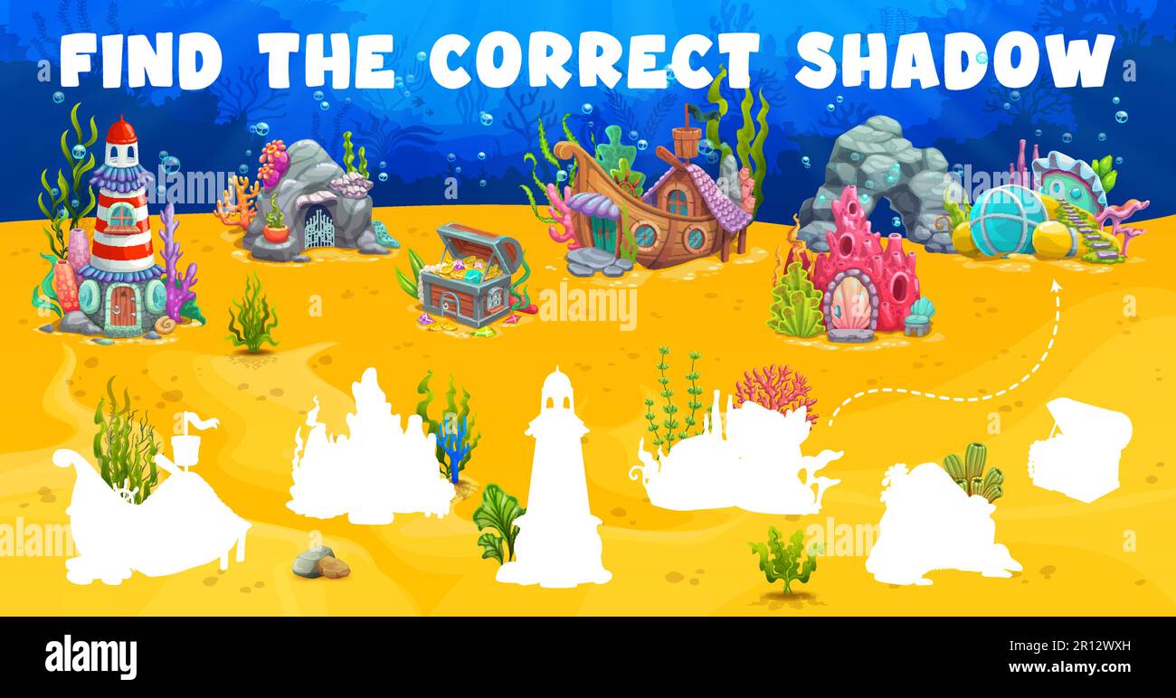Cartoon underwater landscape with house buildings. Find the correct ...