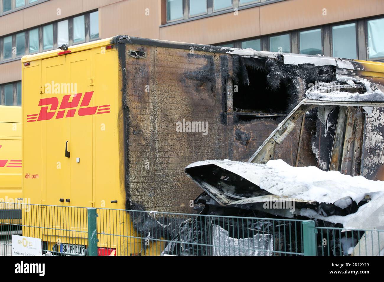 11 May 2023, Hamburg: Several burnt-out delivery vans stand in the ...