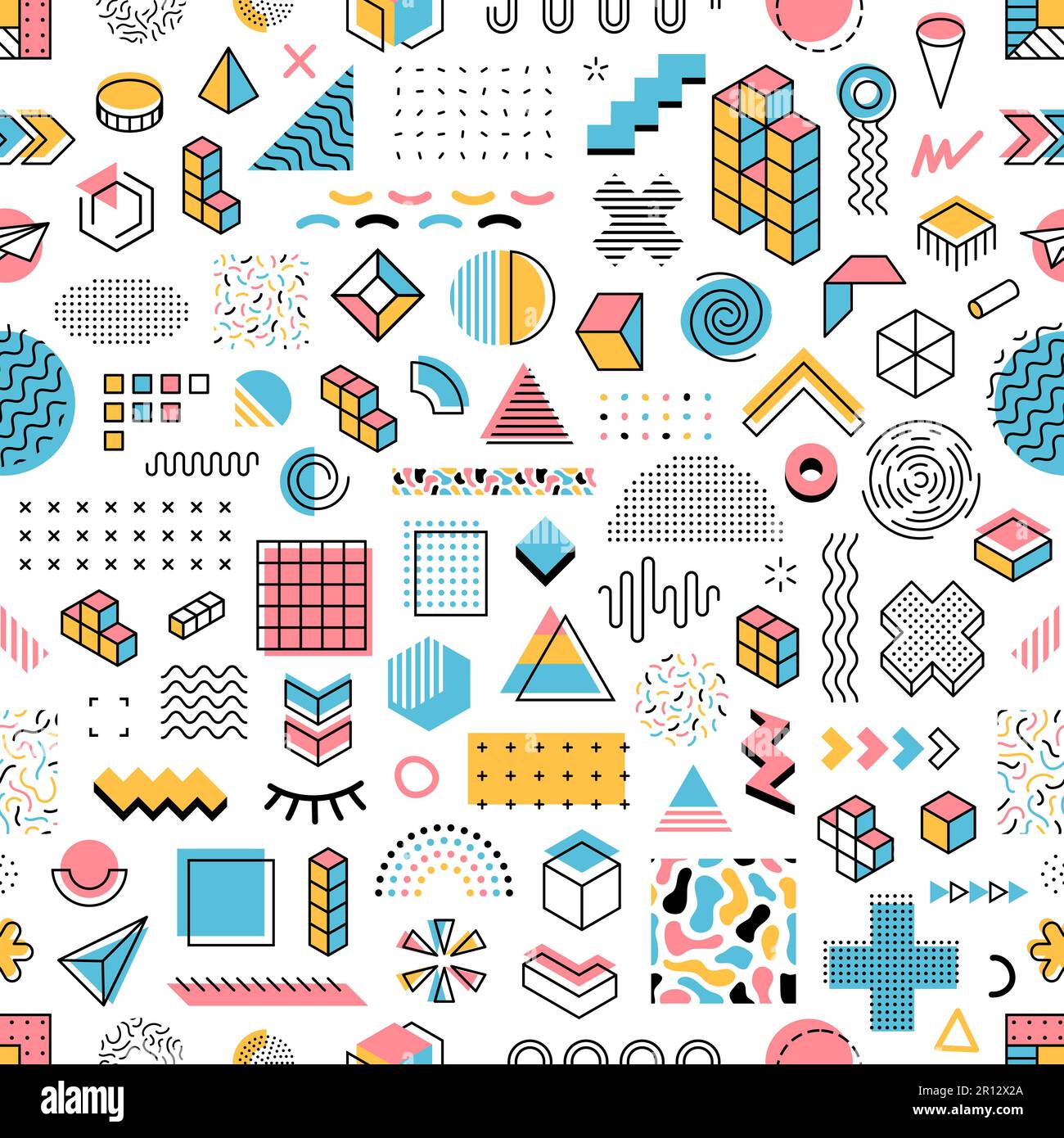 Memphis geometric outline shapes seamless pattern. Abstract line art ...