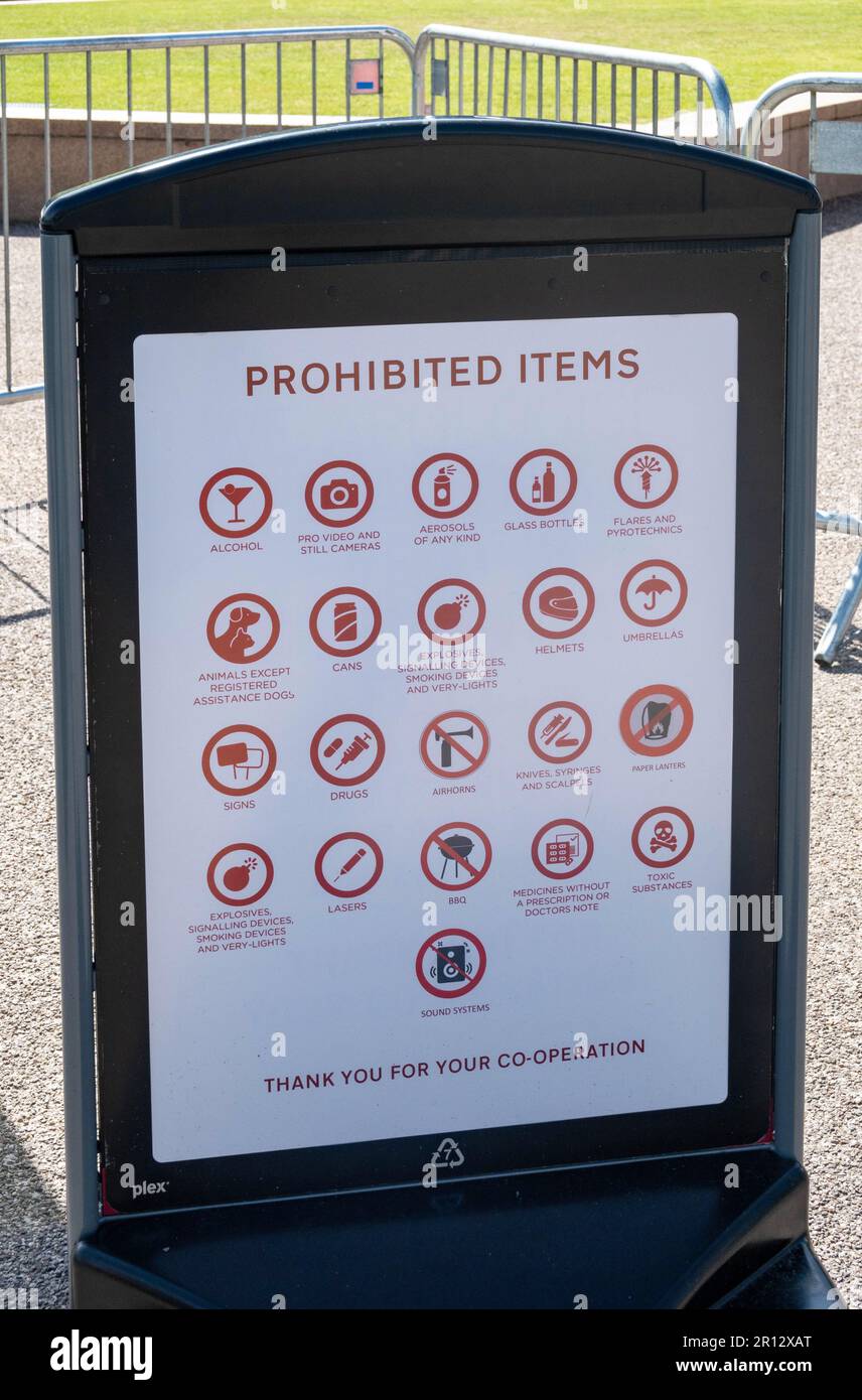 Warning sign for restrictions entering the concert area Stock Photo - Alamy