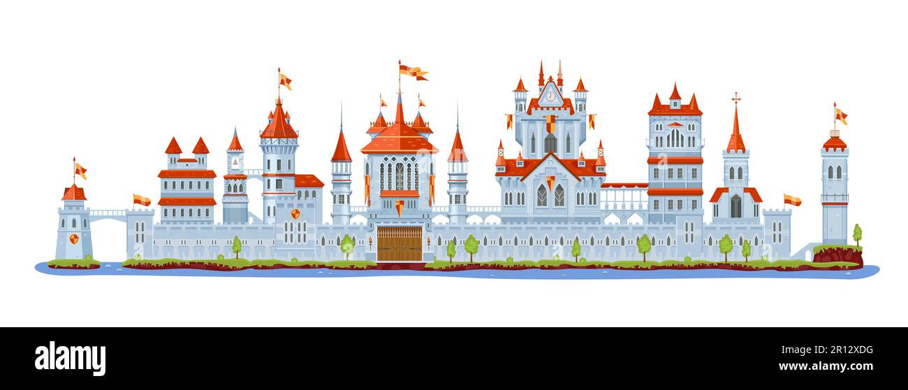 Knight stone castle and fortress. Gate, tower and turret, bridge, fort ...