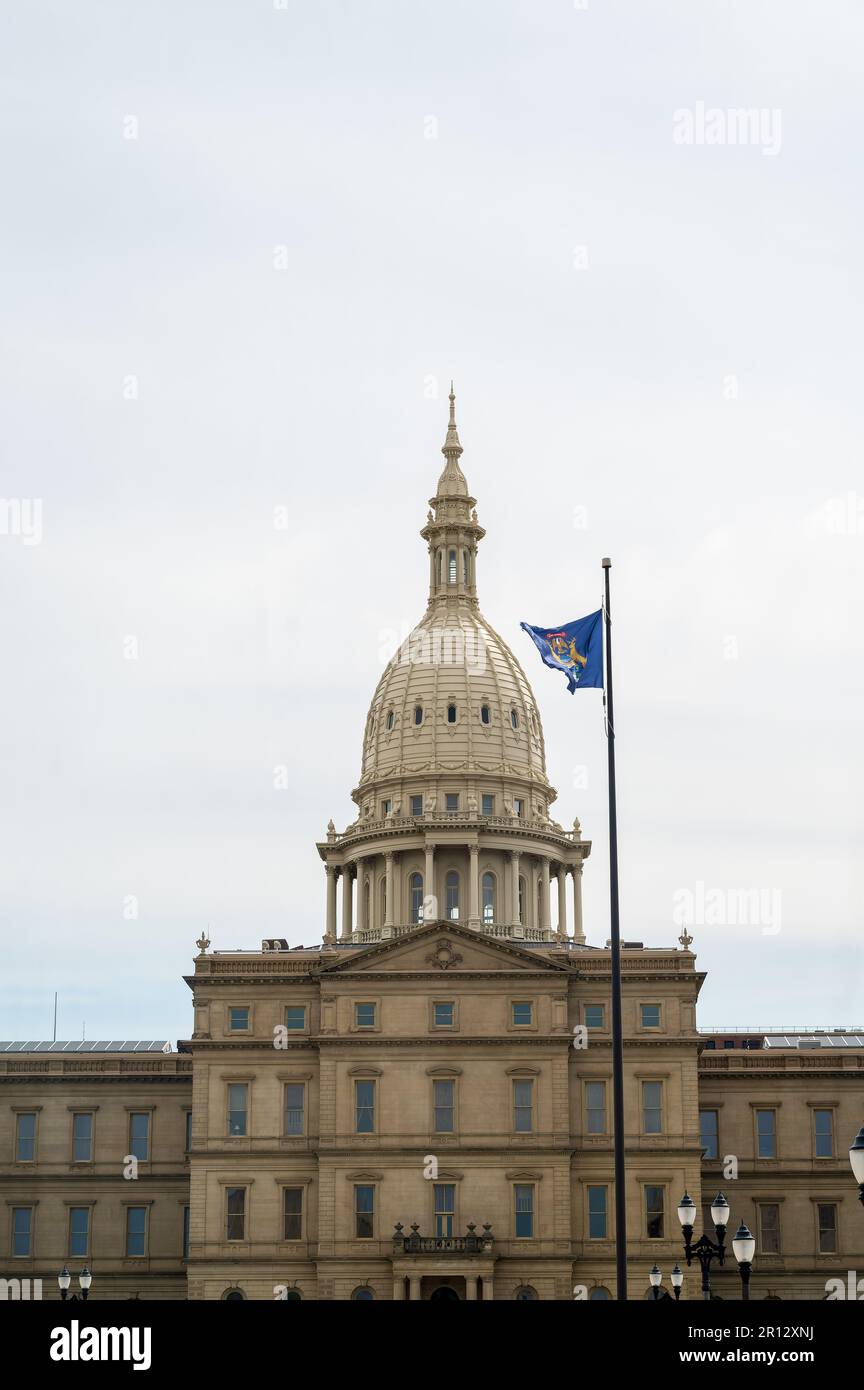 Lansing MI - May 6, 2023: Capital Building with the flag for the State ...
