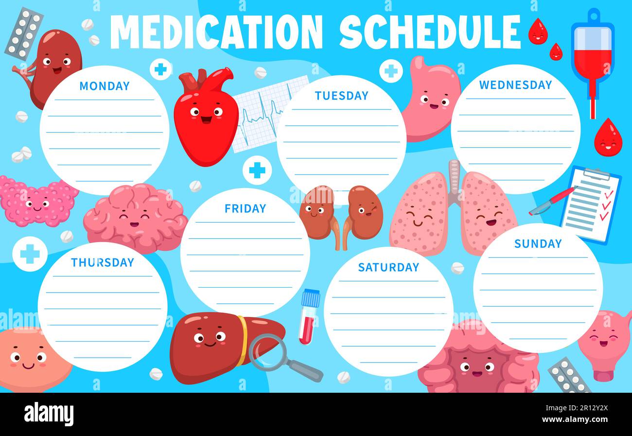 Medication schedule cartoon body organ characters. Vector medicine ...