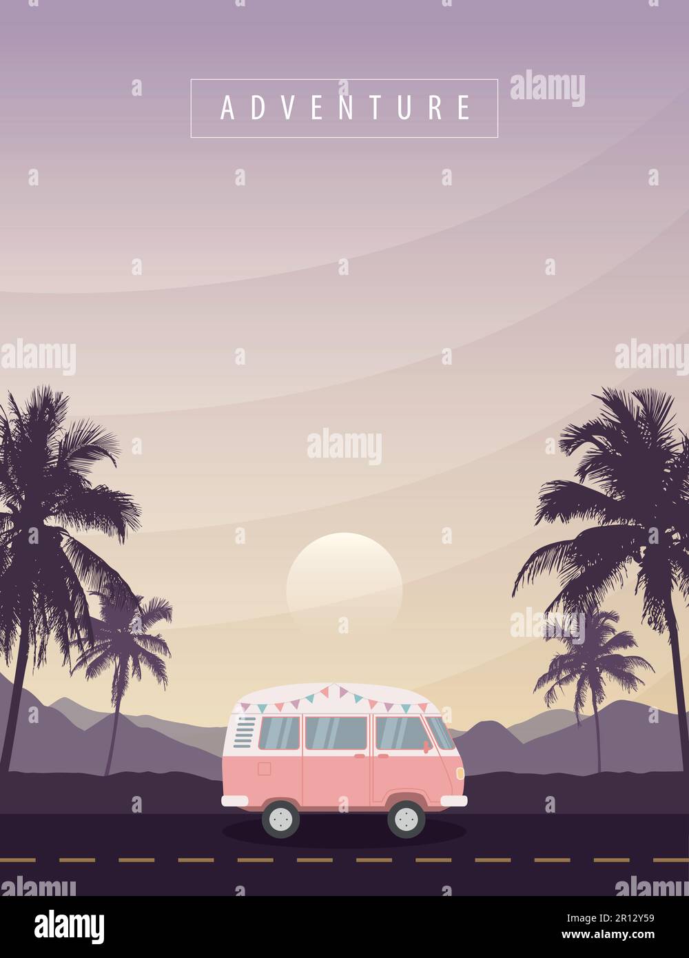 summer paradise road trip with camper van at sunset on tropical palm ...
