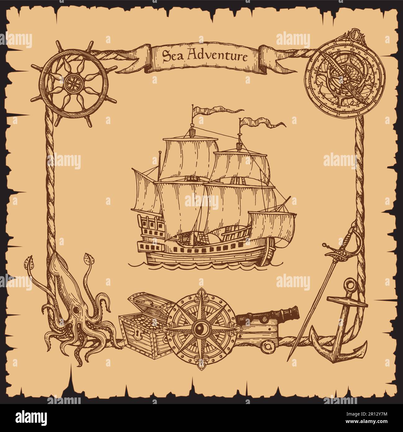 Vintage pirate vessel ship with rope frame, sketch. Vector engraved ...