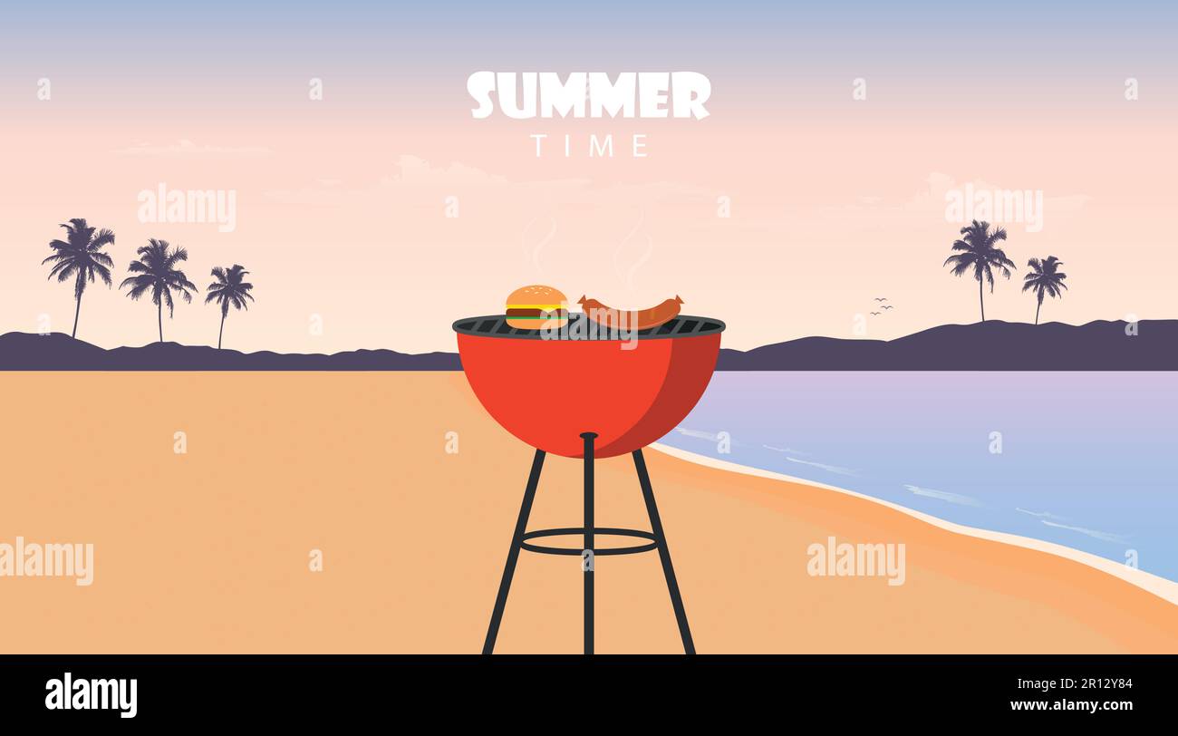 summer time barbeque grill on tropical palm beach Stock Vector Image ...