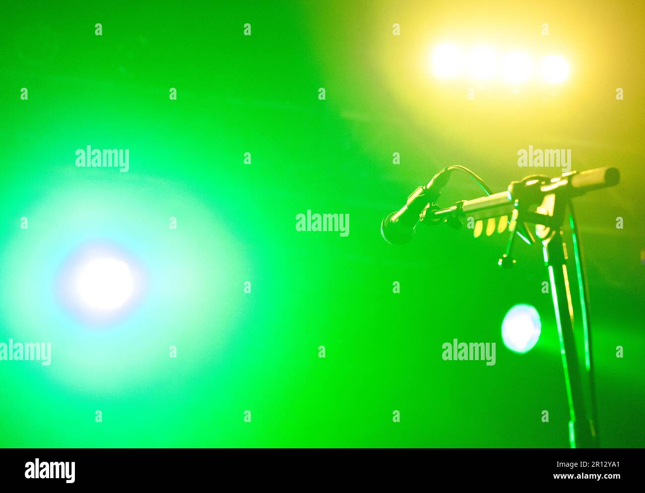 A microphone on stage at the Barrowlands Ballroom concert hall in ...