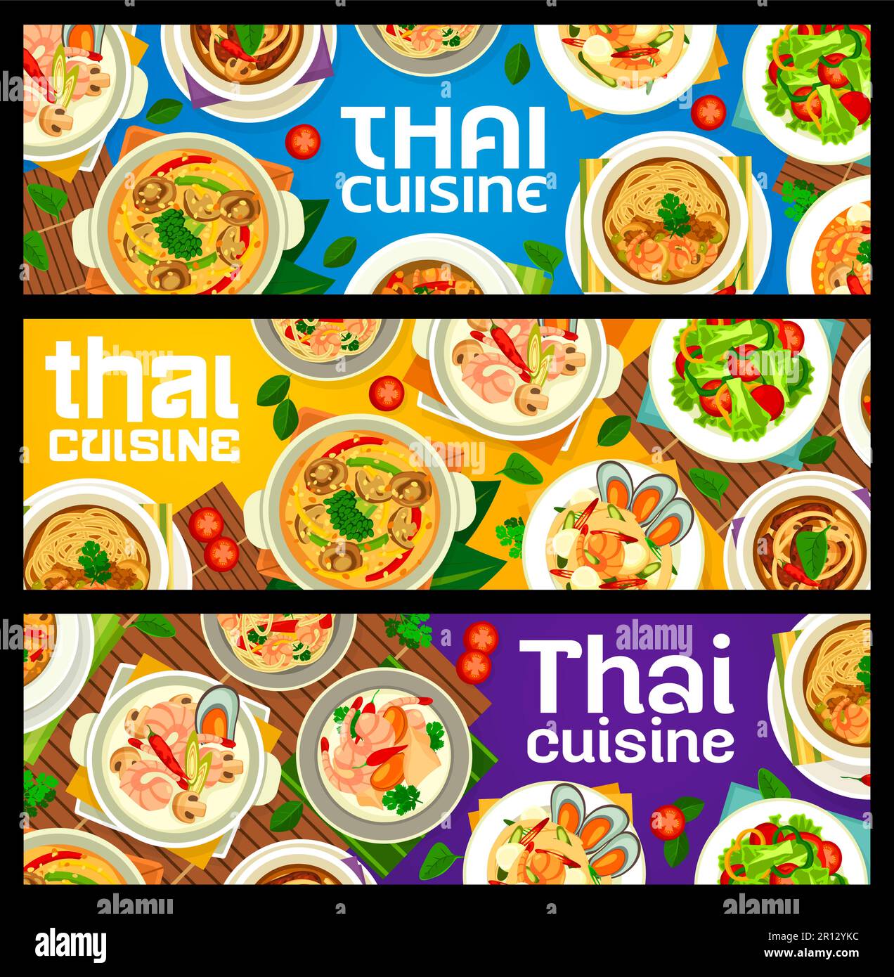 Thai cuisine restaurant meals banners, vector Asian food and Thailand ...