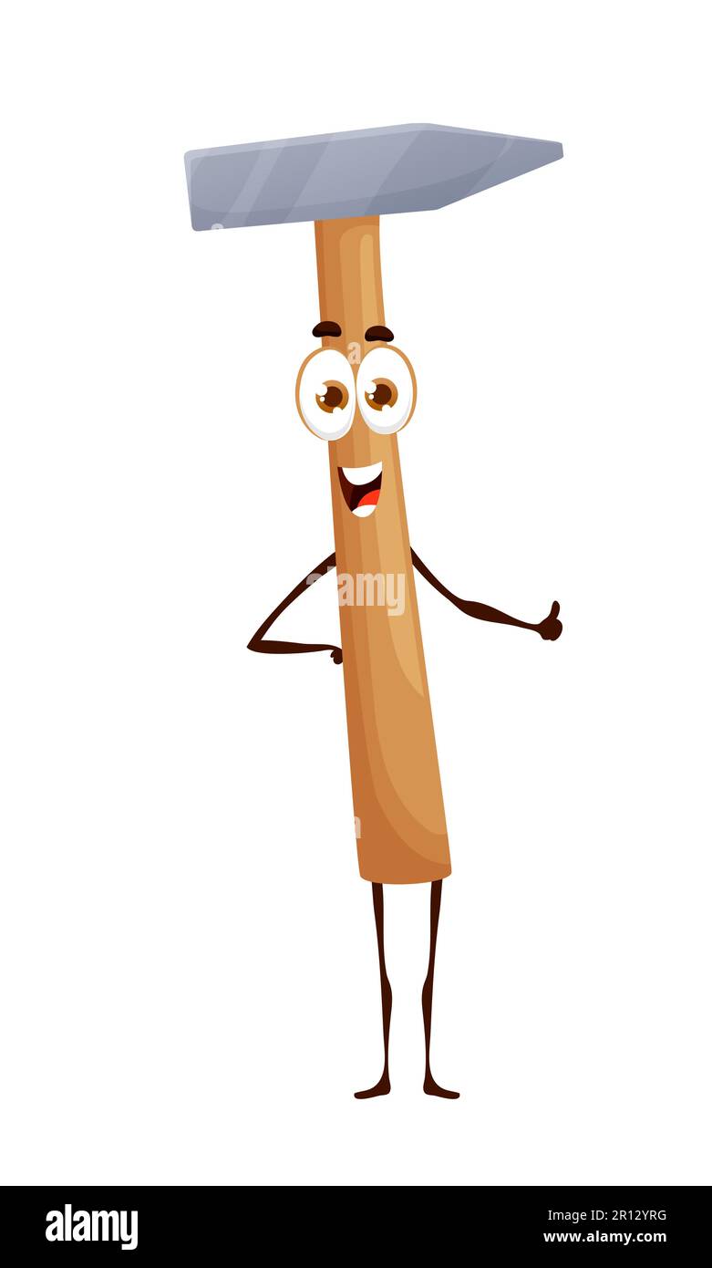 Cartoon hammer tool character, DIY construction or carpentry and woodworking equipment, vector ...