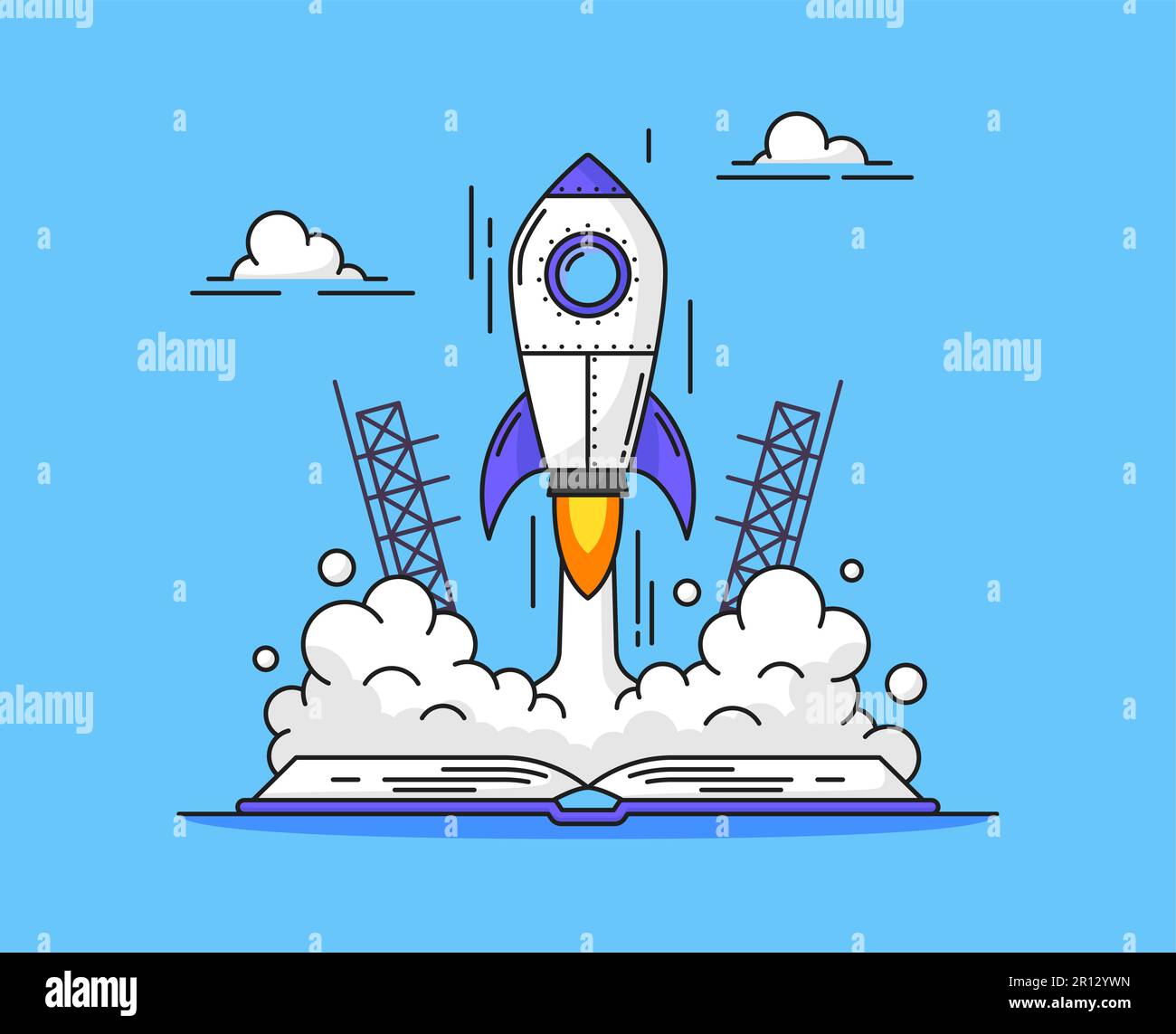 Rocket launch start up of cartoon spaceship, vector background. Space ...