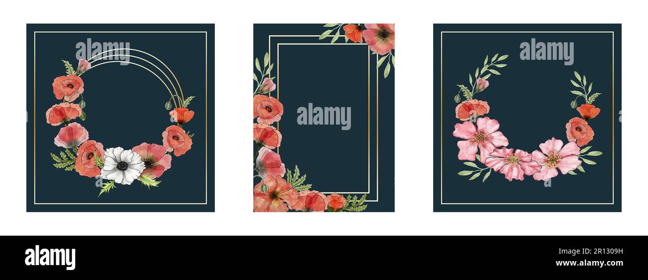 Watercolor set postcard, invitation, greeting with poppy, cherry and ...