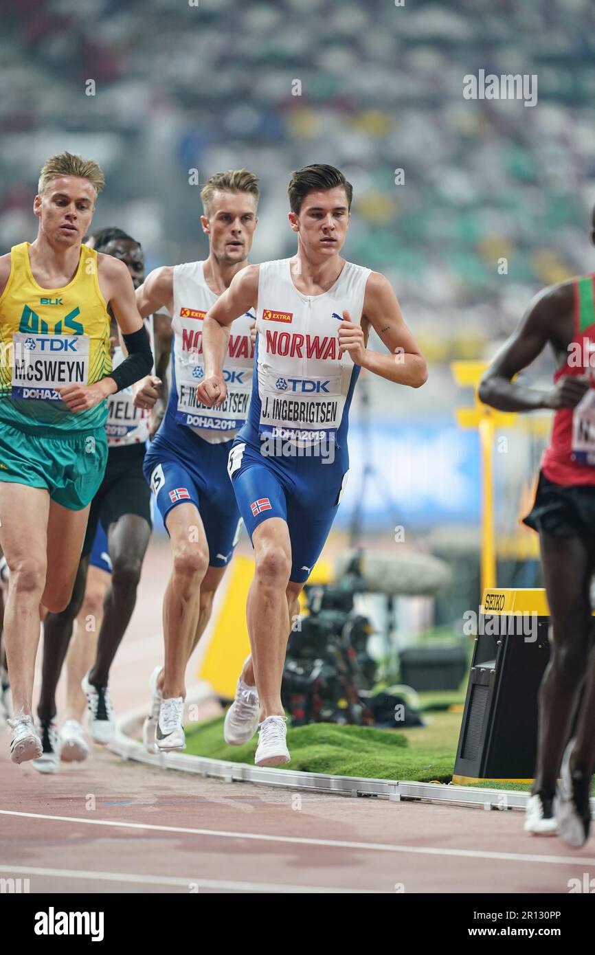 Jakob Ingebrigtsen participating in the 5000 meters at the 2019 World Athletics Championships in ...