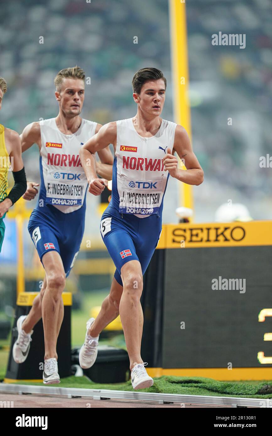 Jakob Ingebrigtsen participating in the 5000 meters at the 2019 World Athletics Championships in ...
