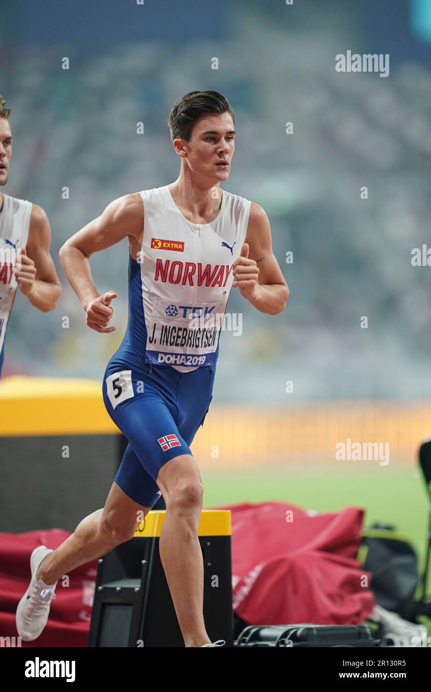 Jakob Ingebrigtsen participating in the 5000 meters at the 2019 World Athletics Championships in ...