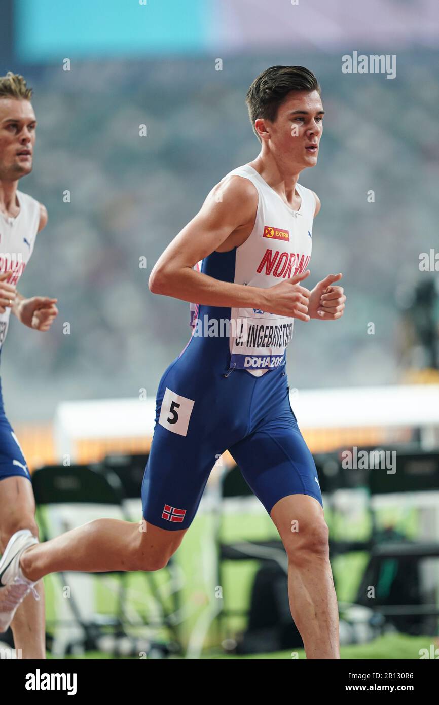 Jakob Ingebrigtsen participating in the 5000 meters at the 2019 World Athletics Championships in ...