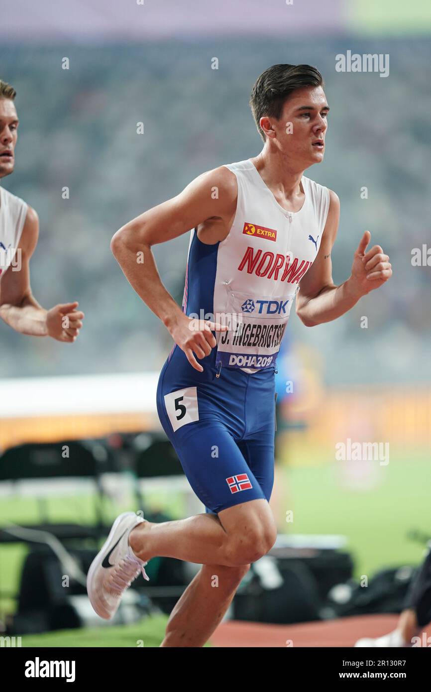 Jakob Ingebrigtsen participating in the 5000 meters at the 2019 World Athletics Championships in ...