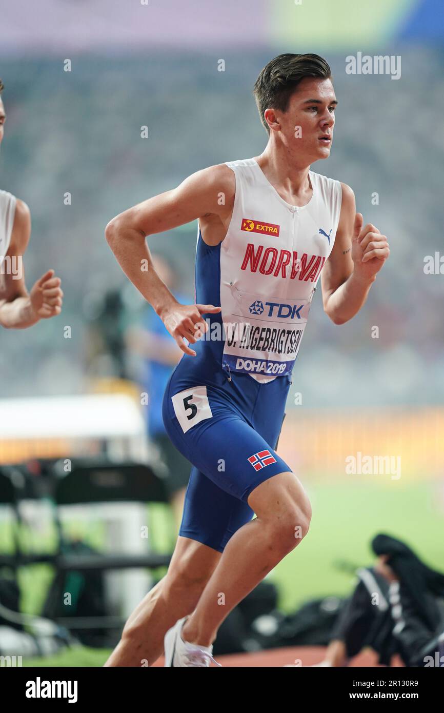 Jakob Ingebrigtsen participating in the 5000 meters at the 2019 World Athletics Championships in ...