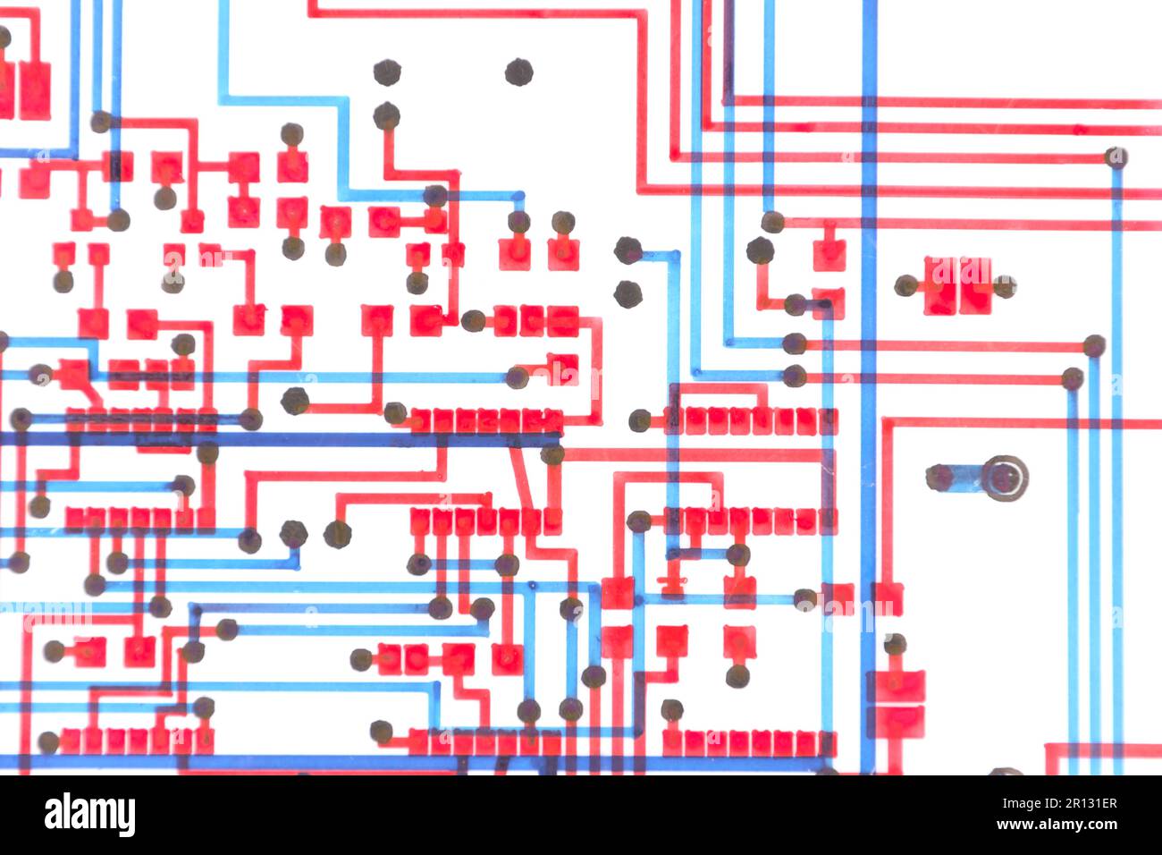 close up of a plotted circuit layout in red and blue for a printed ...