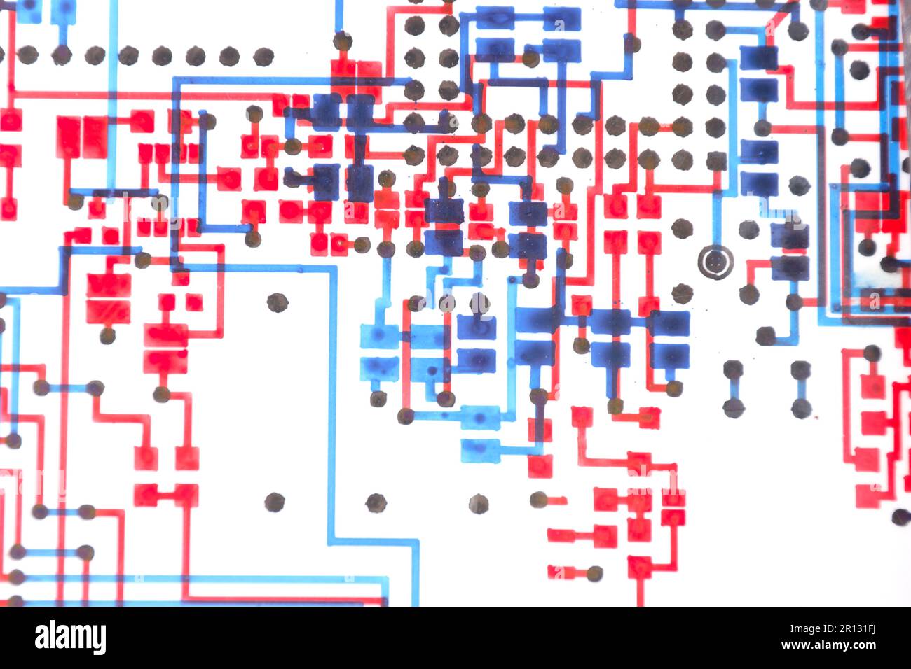 close up of a plotted circuit layout in red and blue for a printed ...