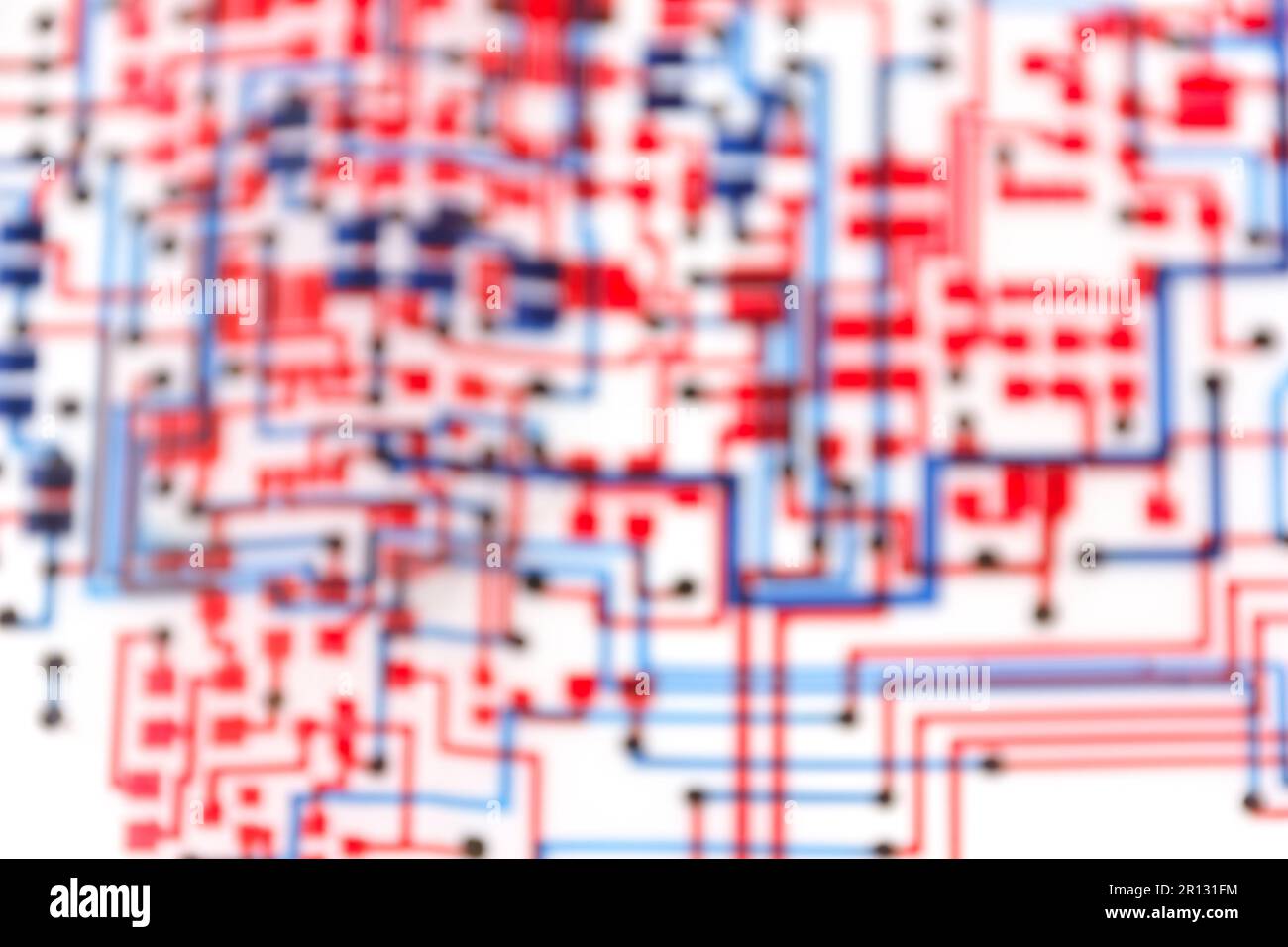 close up of a plotted circuit layout in red and blue for a printed ...