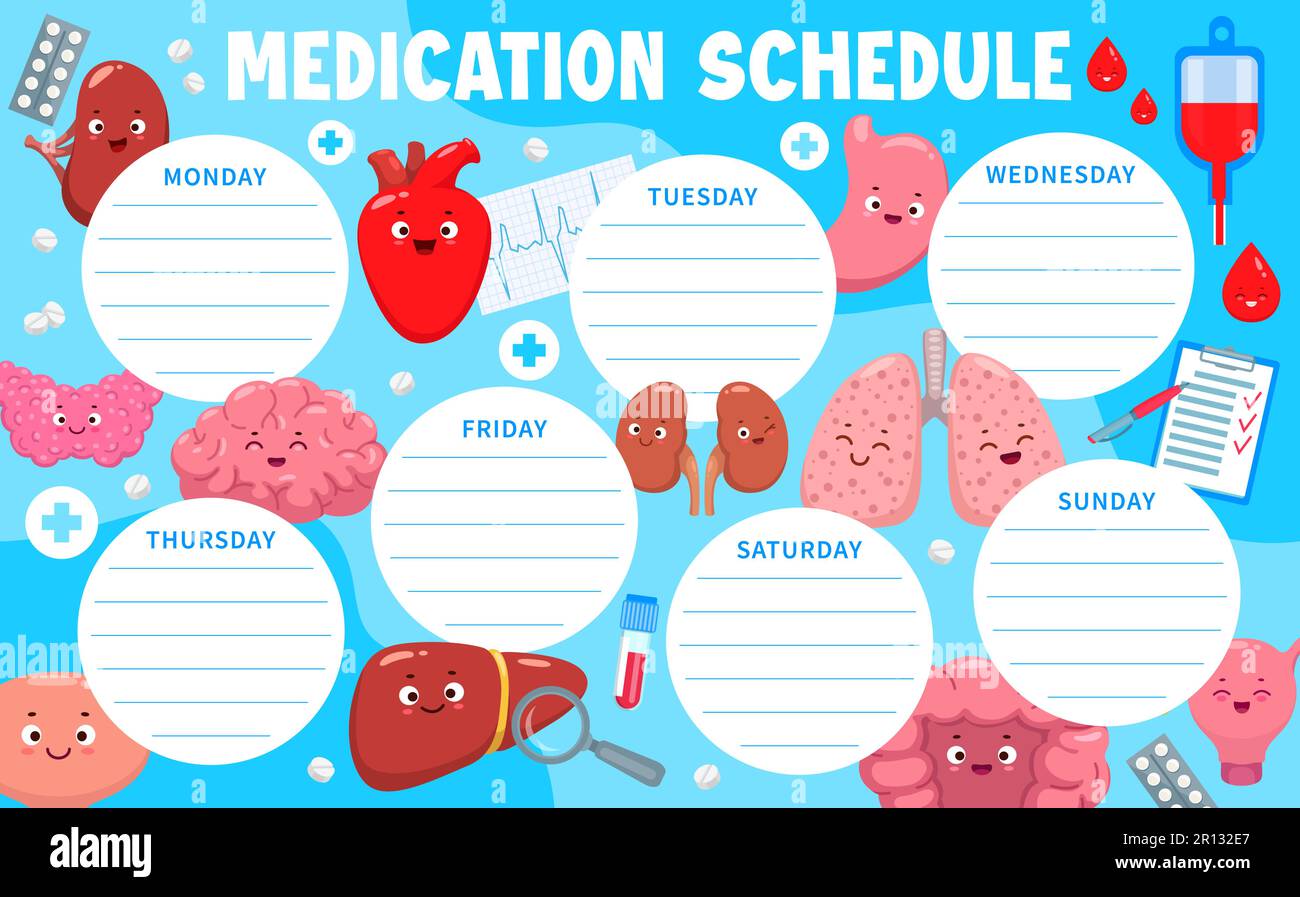 Medication schedule cartoon body organ characters. Vector medicine ...