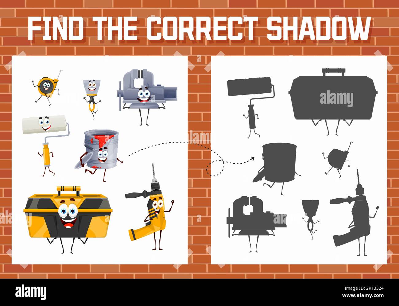 Find the correct shadow of cartoon repair, diy and work tool characters ...