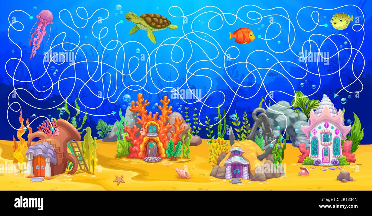 Labyrinth maze game. Cartoon underwater landscape and sea house ...