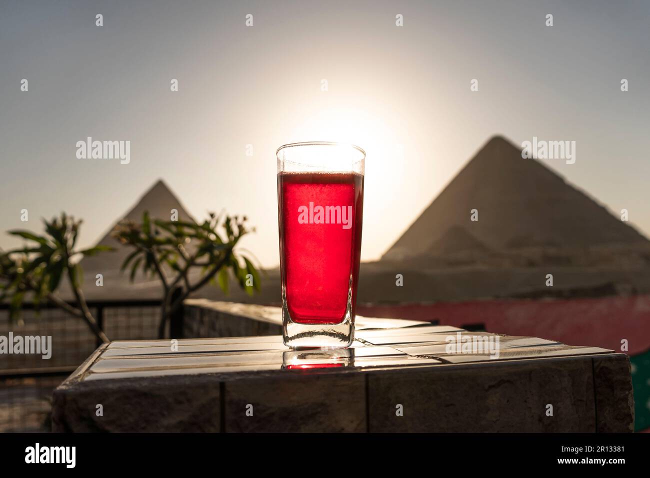 Traditional Arab herbal tea karkade in a glass against the background ...