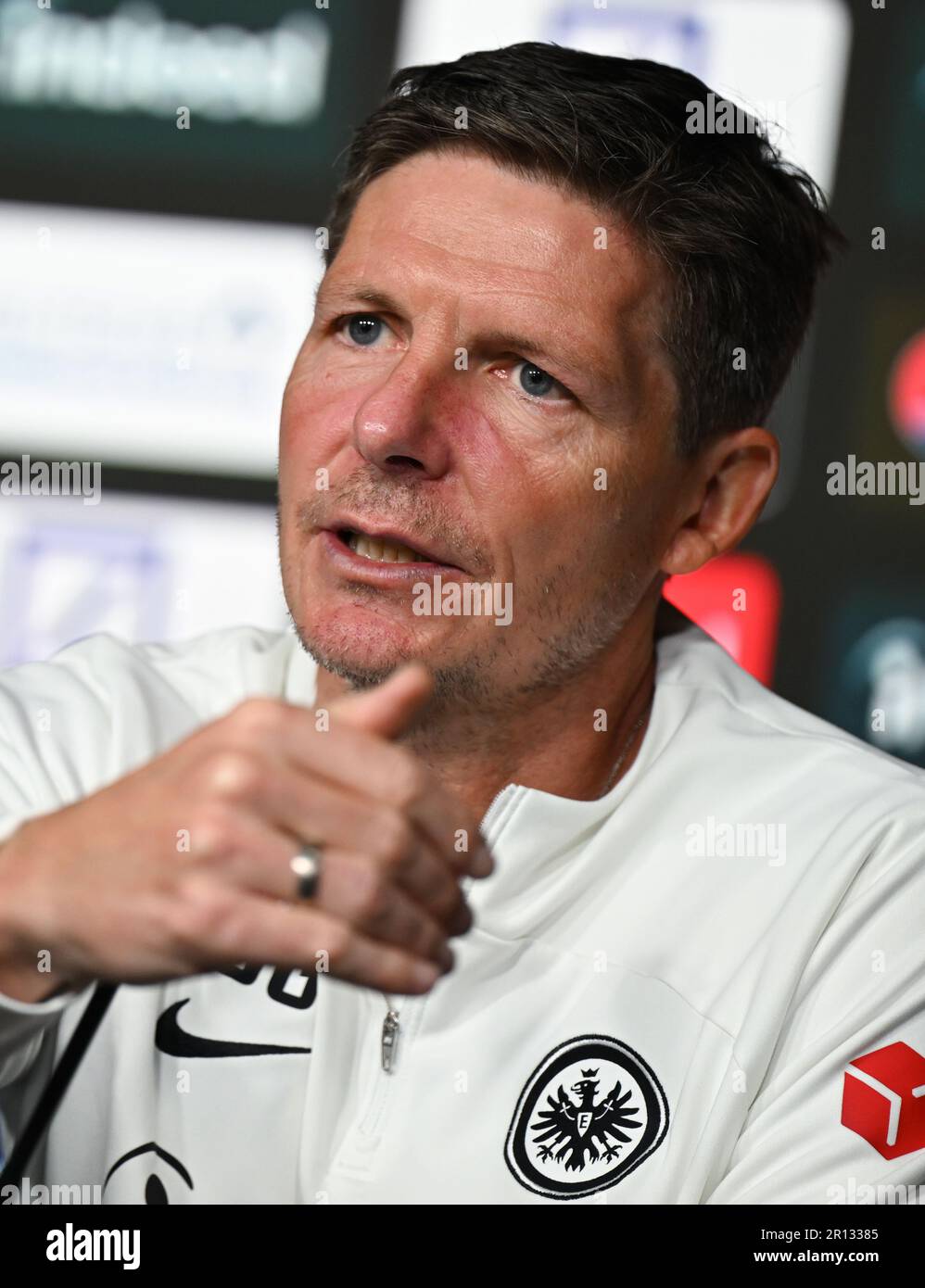 11 May 2023, Hesse, Frankfurt/Main: Head coach Oliver Glasner speaks ...