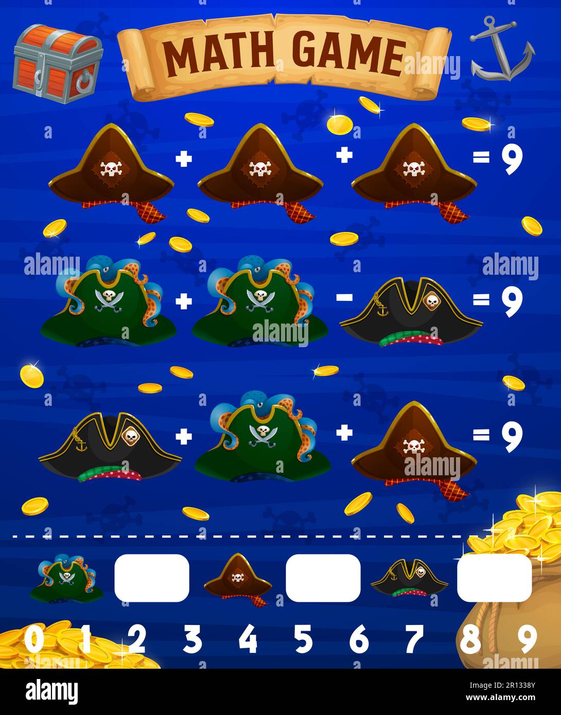 Math game worksheet. Cartoon pirate hats and corsair captain tricorn ...