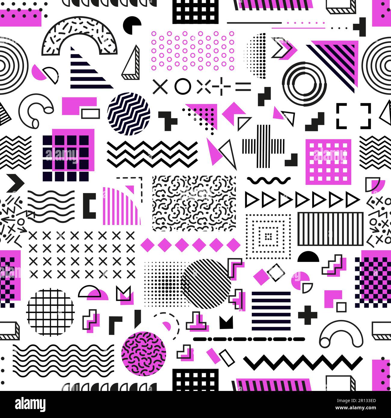 Memphis geometric shapes seamless pattern, vector background of abstract line elements. Memphis ...