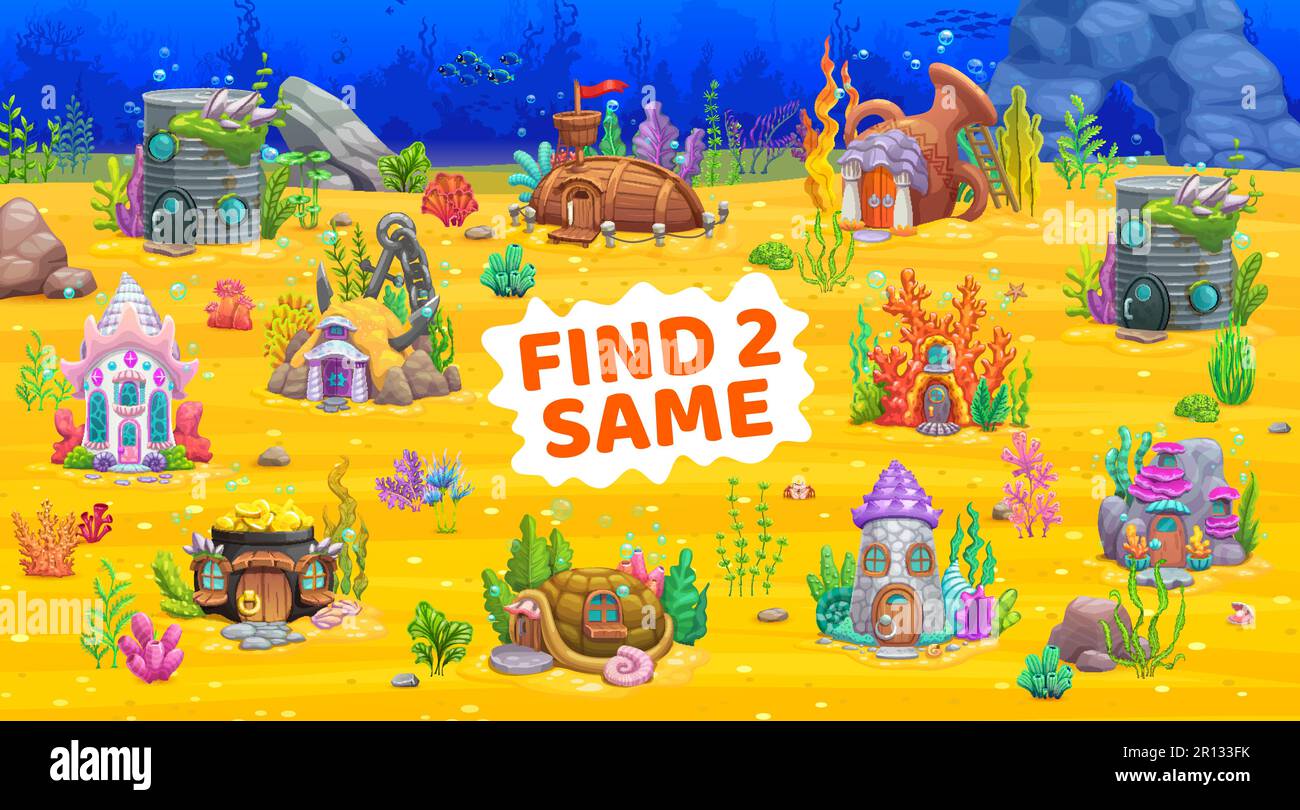 Find two same cartoon fairytale underwater house buildings. Kids vector ...