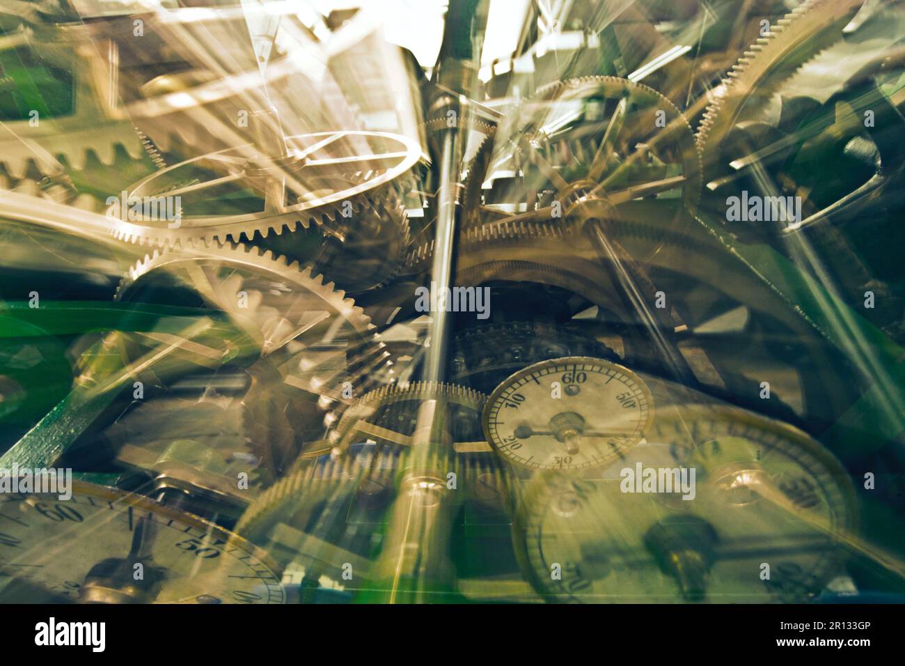 Machinery, closeup and inside a clock with parts for creative, design ...