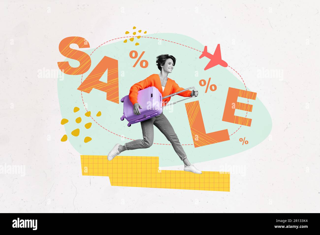 Creative collage placard advertisement running woman with baggage duty ...