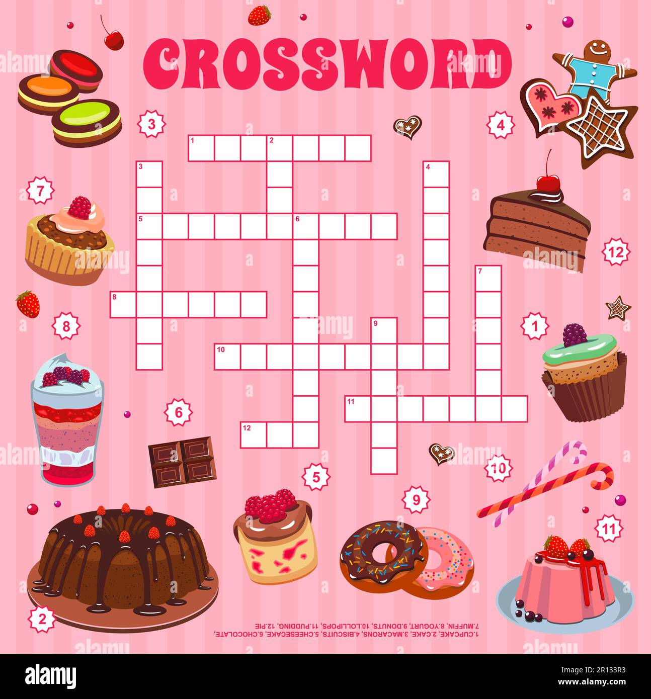 Cartoon cakes, sweets and desserts crossword grid, find a word quiz ...