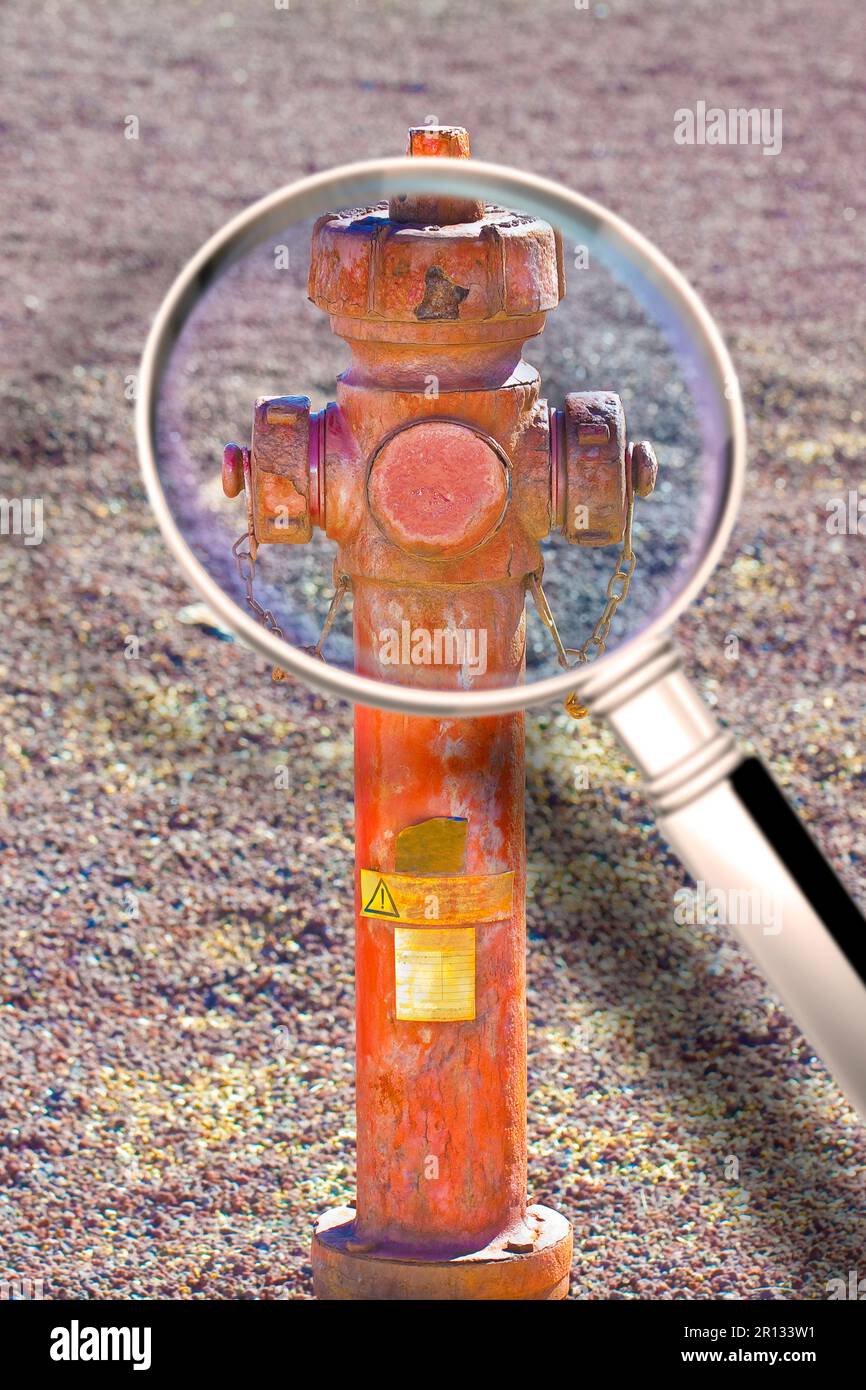 Old red rusty hydrant no longer in use - Concept image seen through a ...