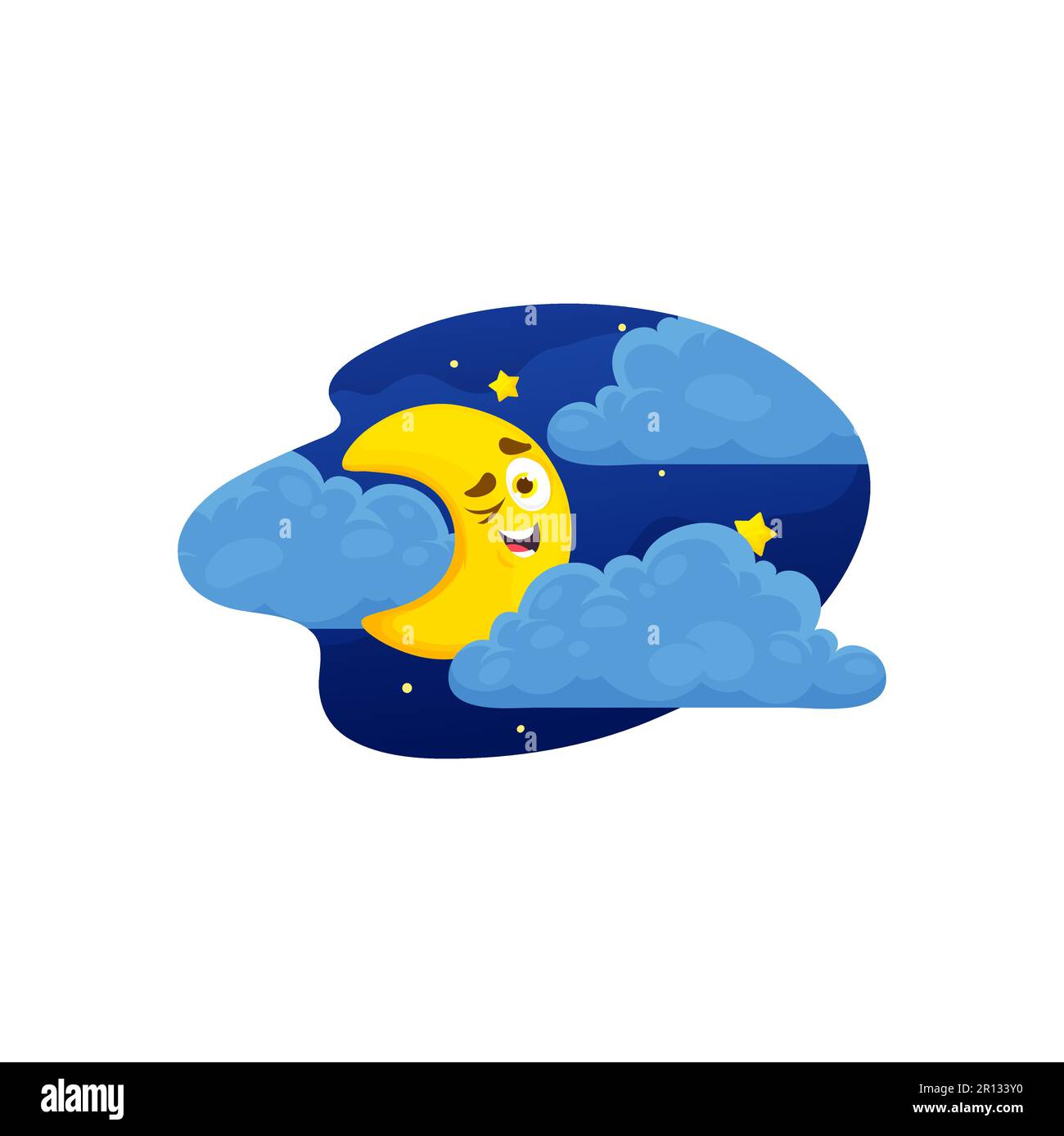 Cartoon moon character in clouds. Vector funny celestial personage in ...