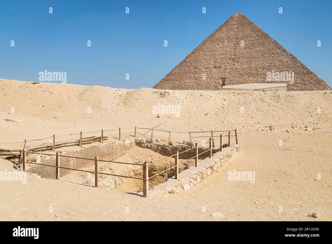 Excavations in front of the great Pyramid of Cheops in the Giza valley ...